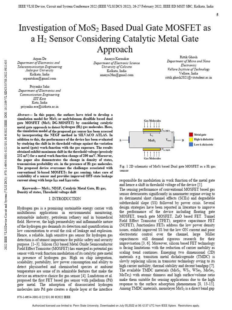 Investigation of MoS2 Based Dual Gate MOSFET As A H2 Sensor Considering ...