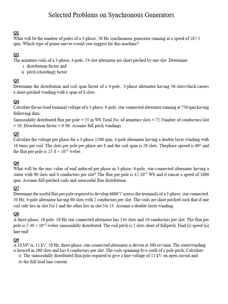 Synchronous Generators - Sheet | PDF | Electric Generator | Inductor