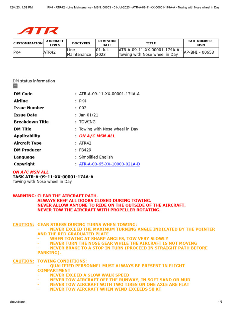 ATR-A-09-11-XX-00001-174A-A - Towing With Nose Wheel in Day | PDF ...
