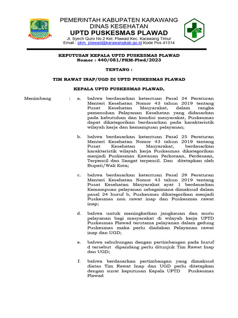Tim Rawat Inap UPTD Puskesmas Plawad | PDF | Sains & Matematika