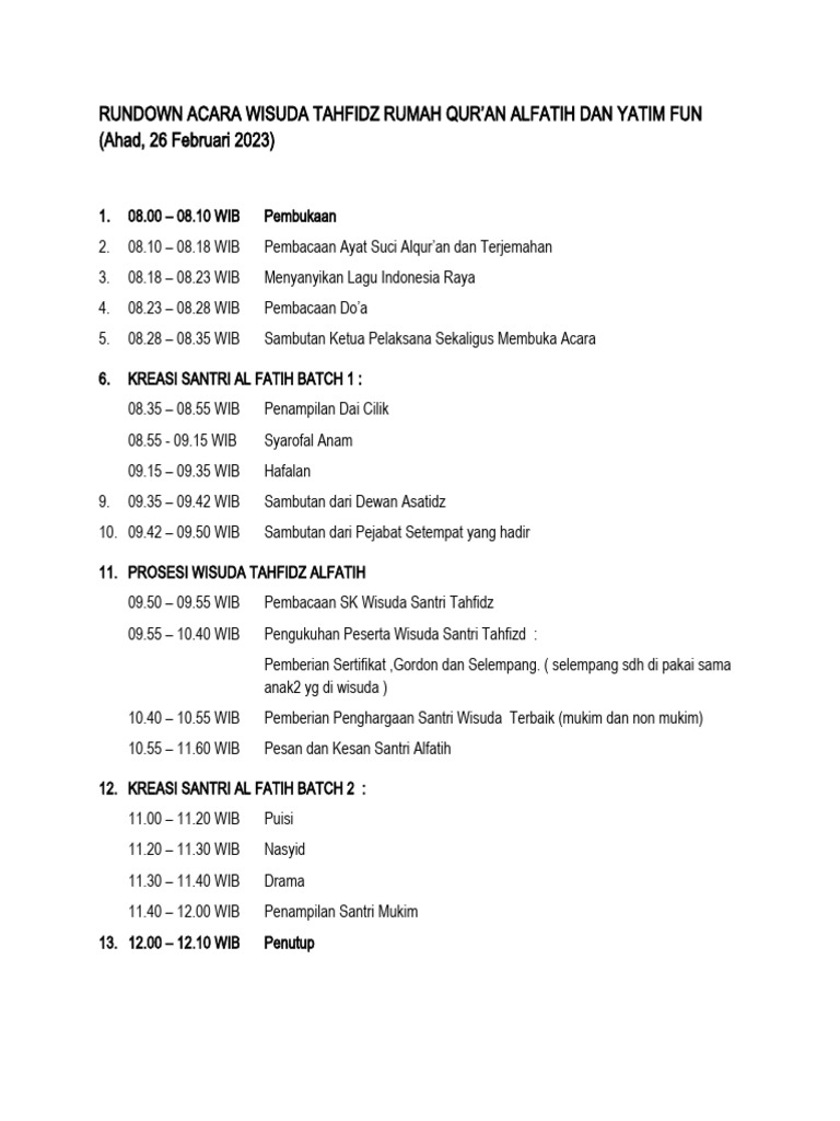 Susunan Acara Prosesi Wisuda Tahfidz | PDF