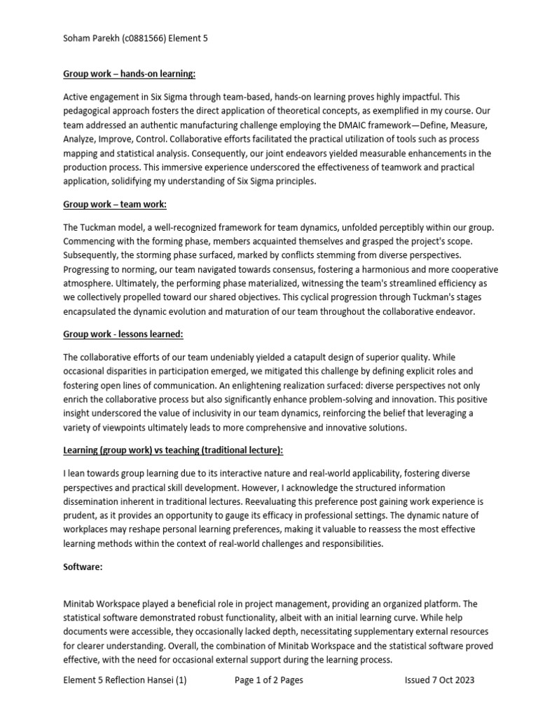 Element 5 Reflection Hansei | PDF | Six Sigma | Learning