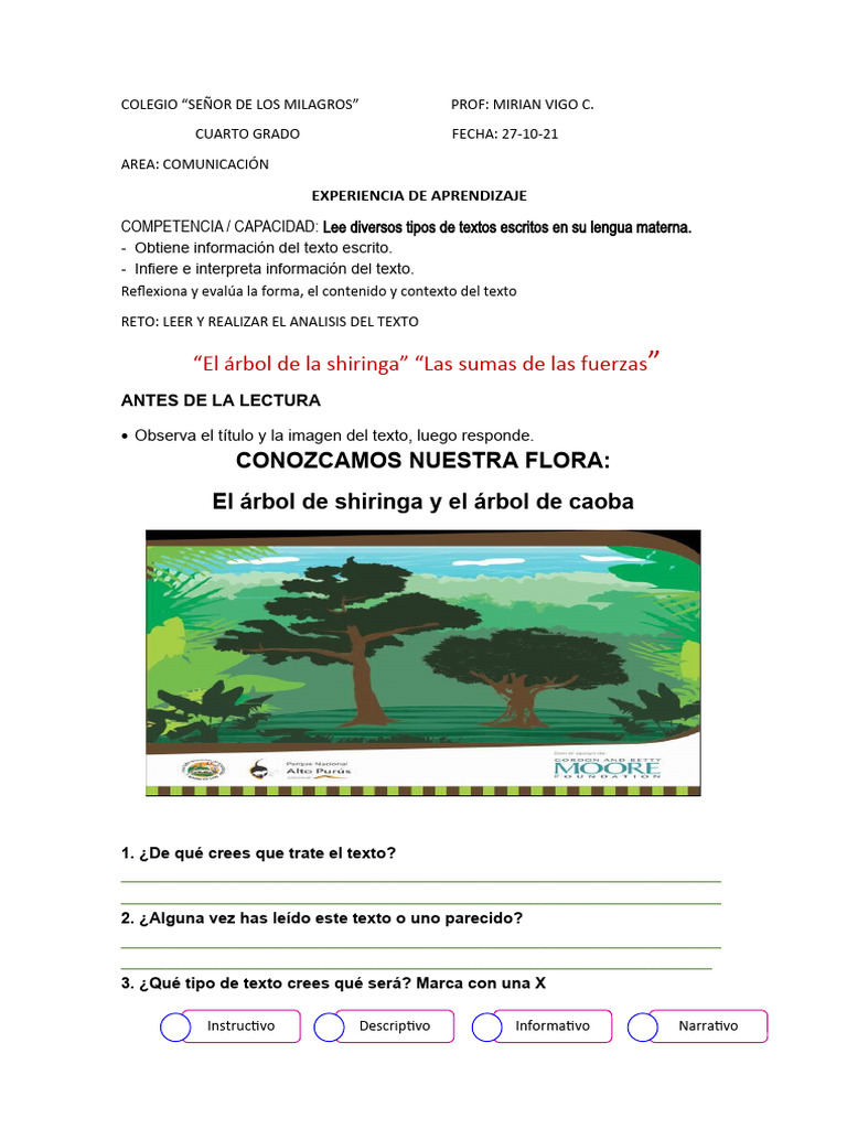 Exp. de Aprend. Plan Lector 28-10-21 El Arbol de Shiringa | PDF ...