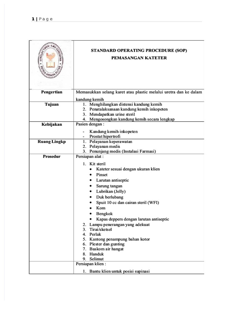 PDF Sop Pemasangan Kateter - Compress | PDF