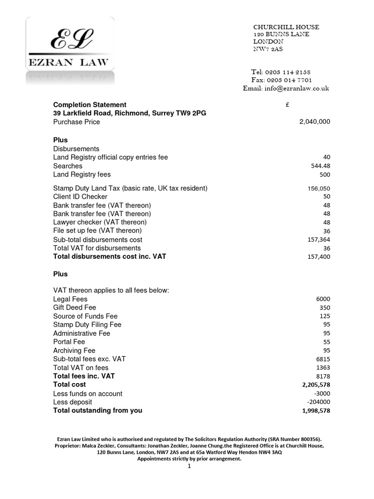 Completion Statement - 39 Larkfield | PDF | Value Added Tax | Fee