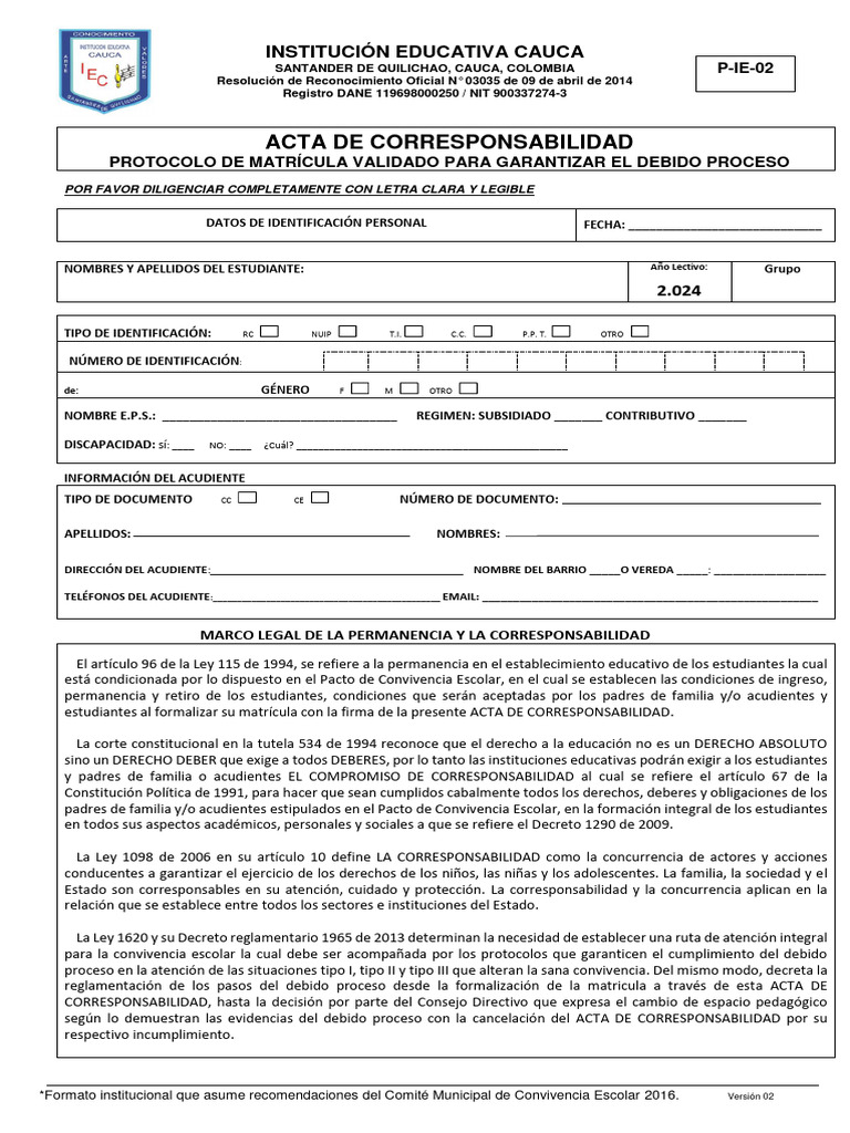 3 Formato Acto de Corresponsabilidad Ie Cauca General 2024 | PDF ...