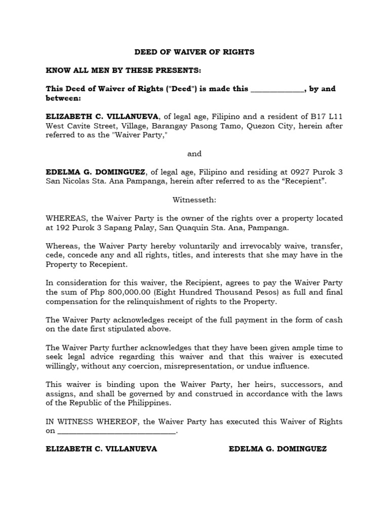 Deed of Waiver of Rights | PDF Deed of Waiver of Rights | PDF