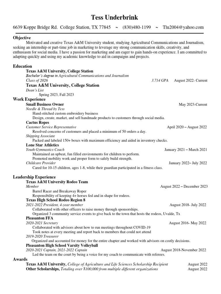 Tess Underbrink Part Time Job Resume | PDF | Career & Growth | Social ...