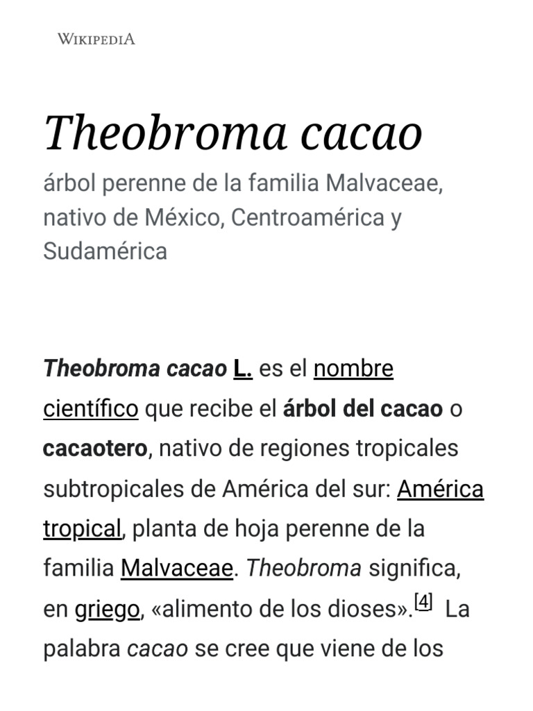 Theobroma Cacao - Wikipedia, La Enciclopedia Libre | PDF