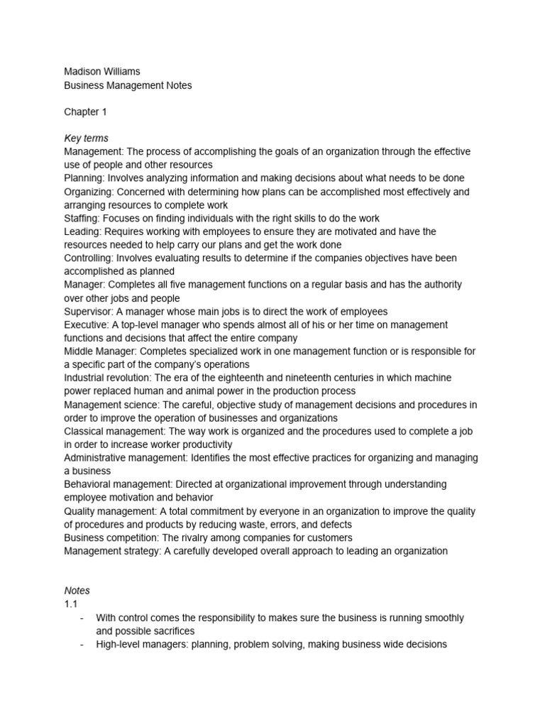 Business Management Notes | PDF | Corporations | Franchising