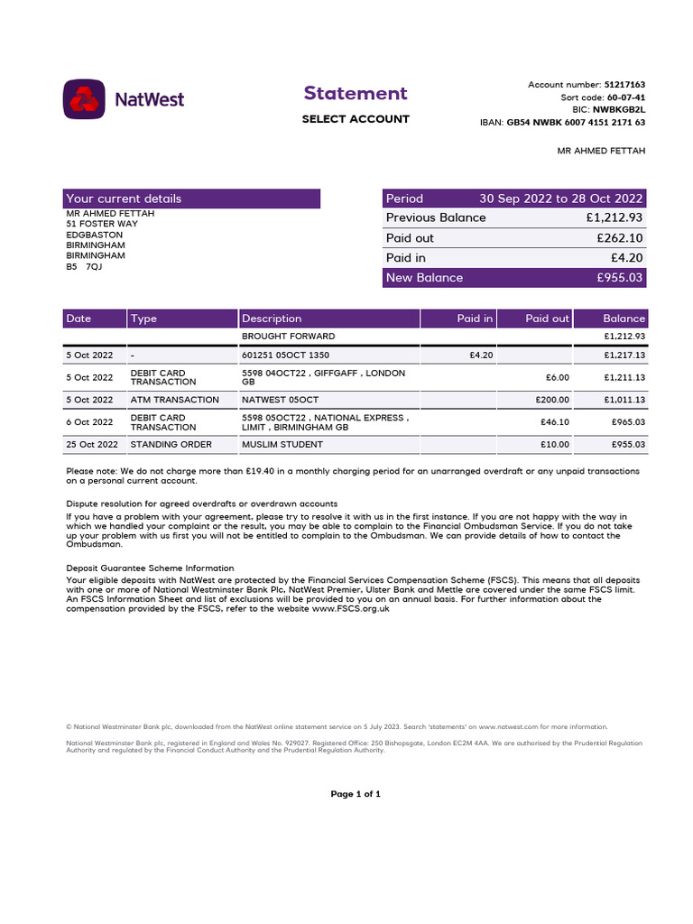 NatWest Account Statement Summary | PDF | Overdraft | Banking Technology