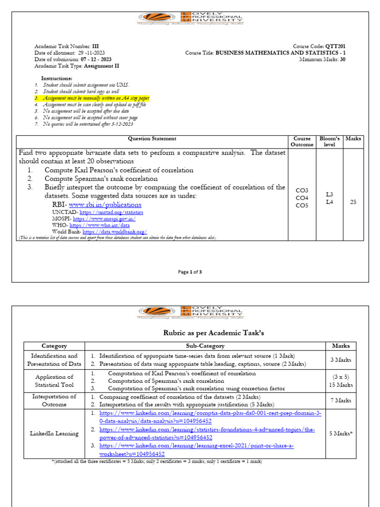 A31158964 - 28459 - 2 - 2023 - Ca3 QTT201 | PDF | Spearman's Rank Correlation Coefficient | Data