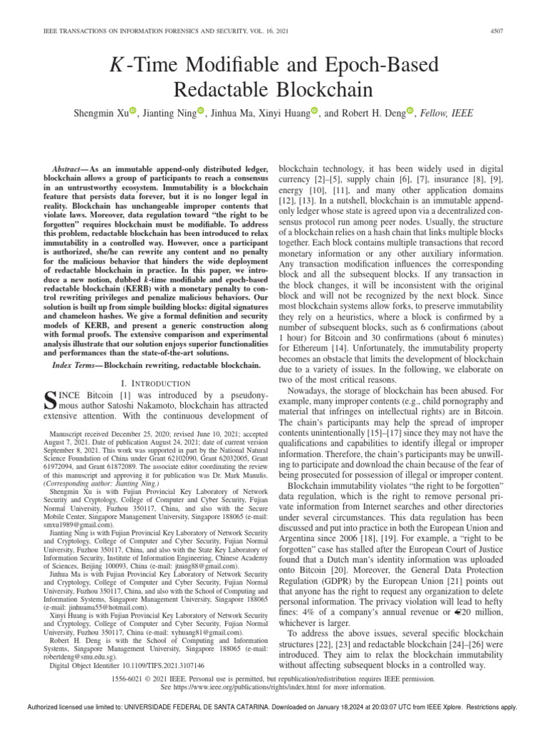 K Time Modifiable And Epoch Based Redactable Blockchain Pdf Cryptography Encryption