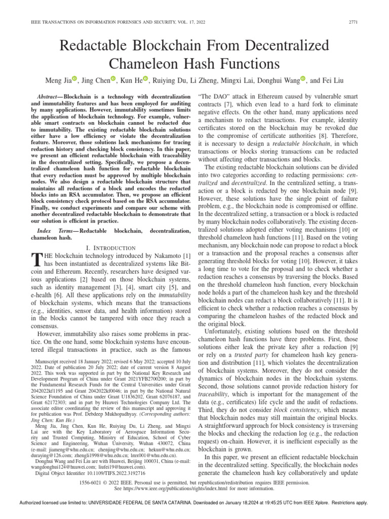 Redactable Blockchain From Decentralized Chameleon Hash Functions | PDF | Public Key ...