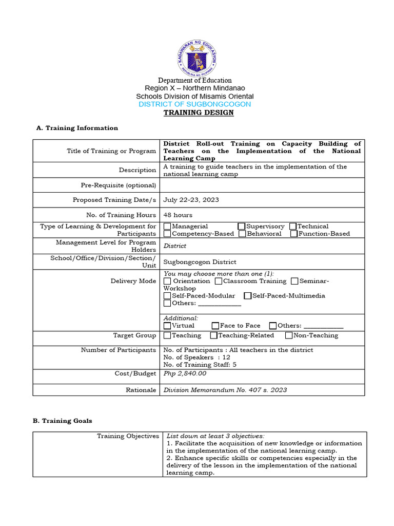 NLC Training Design Matrix Sugbongcogon | PDF | Teachers | Behavior Modification