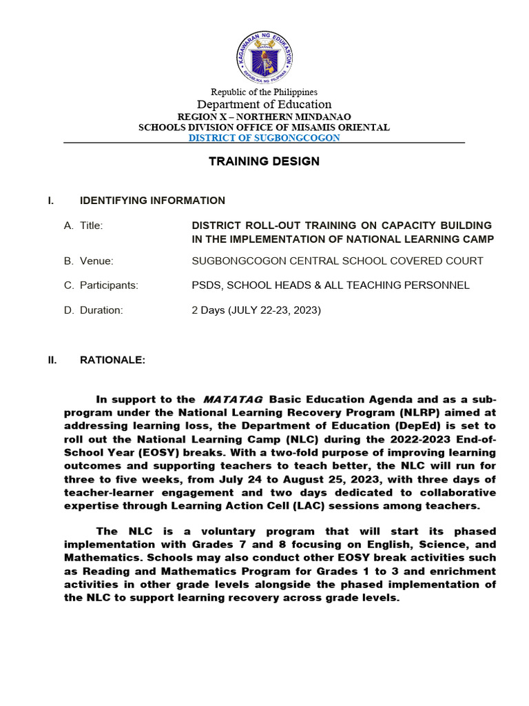 Training Design (District NLC) | PDF | Behavior Modification | Cognition