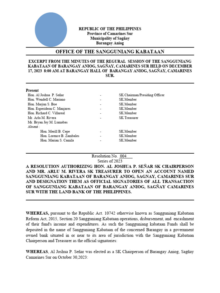 Resolution Treasurer Signatories | PDF