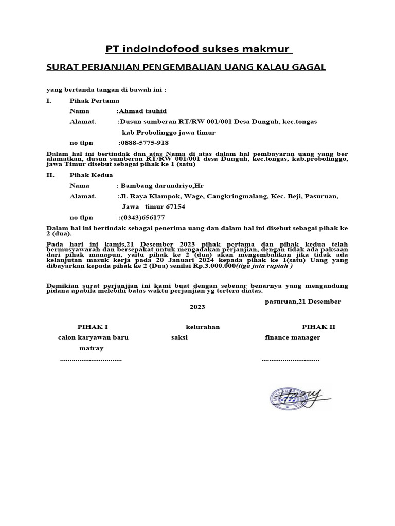 Surat Perjanjian Pengembalian Uang | PDF