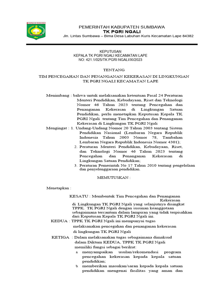 Format SK TIM Dan Lampiran Pencegahan Dan Penanganan Kekerasan Di ...