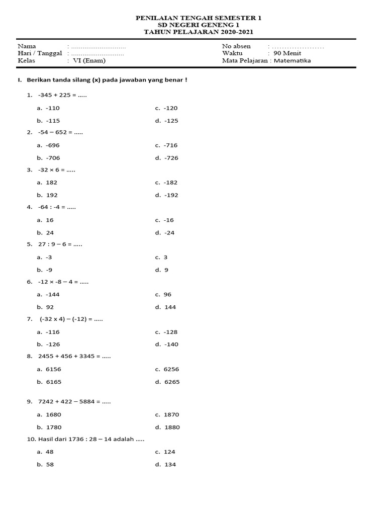 Soal PTS MTK Kelas 6 Ganjil K13 | PDF