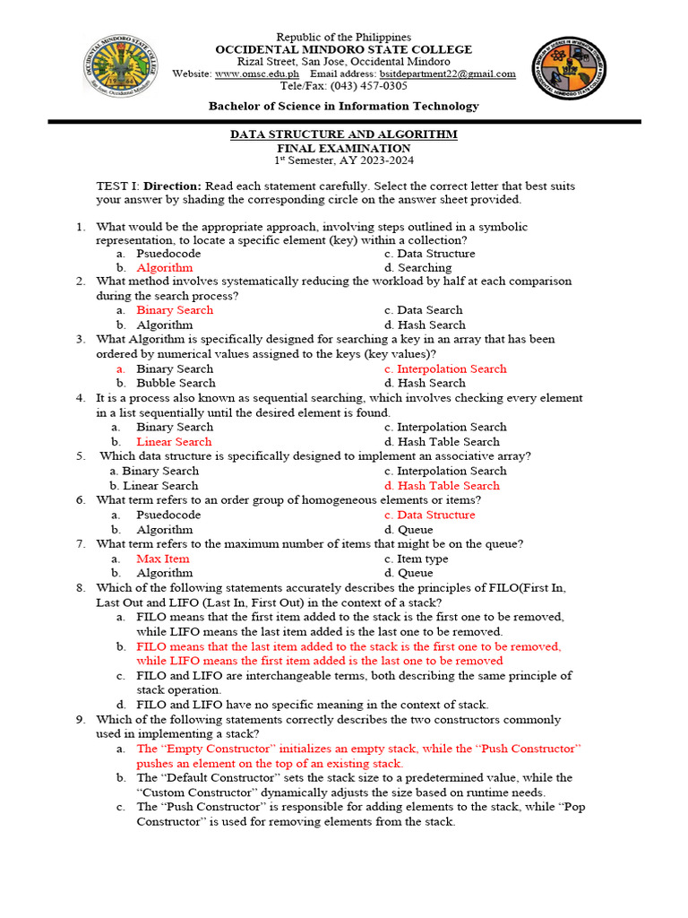 DATA STRUCTURE FINAL EXAM AY 2023-2024 | PDF | Queue (Abstract Data Type) | Computing