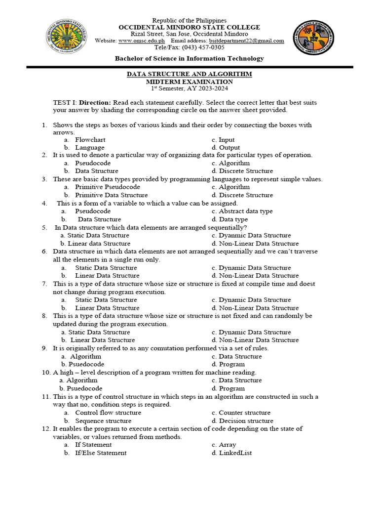Data Structure Midterm Exam Ay 2023 2024 Pdf Pointer Computer Programming Computer Program 9907