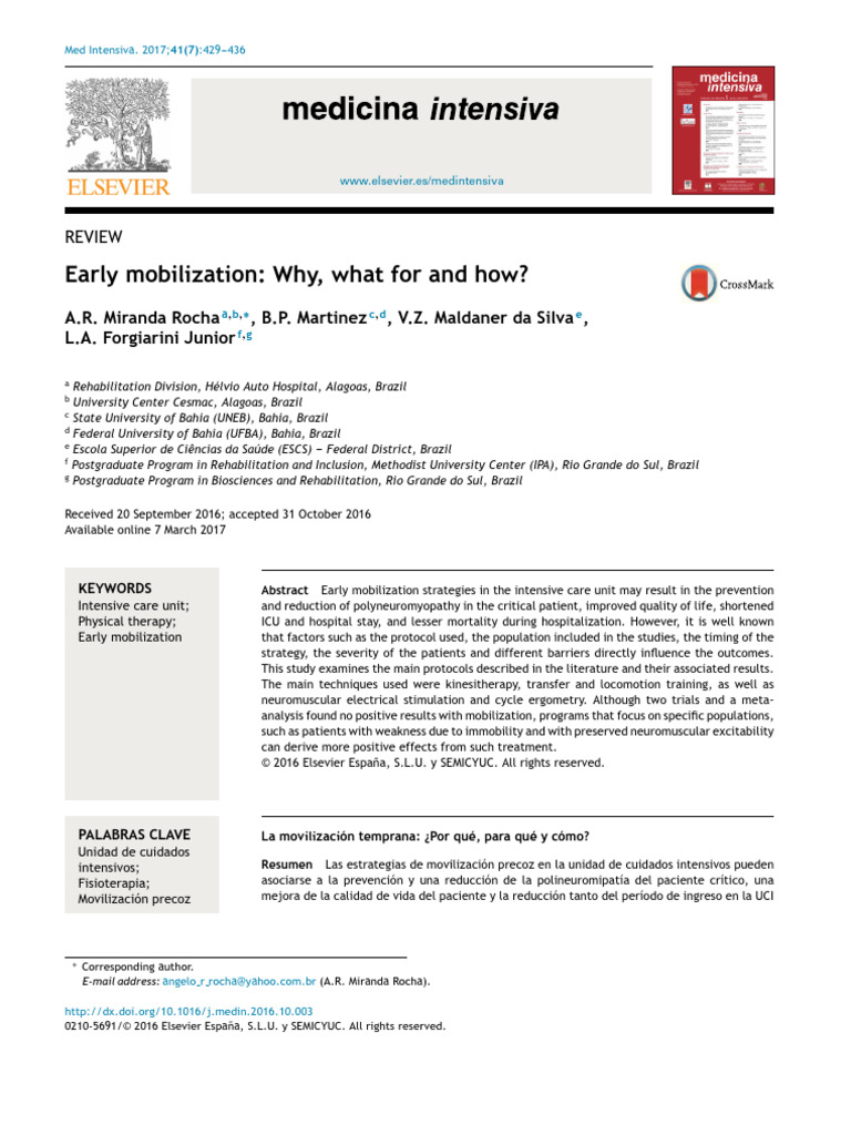 Early Mobilization - Why, What For and How | PDF