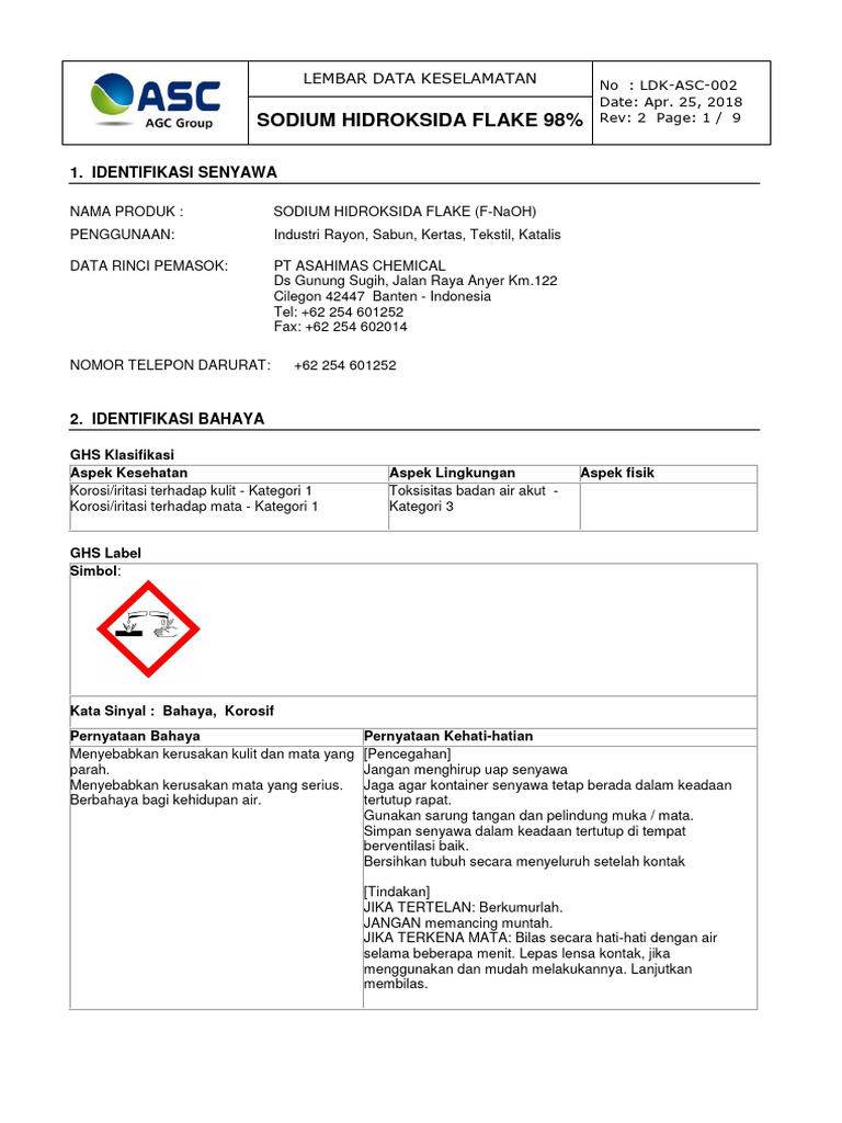 Msds Naoh Asahi 2018 | PDF | Teknologi & Rekayasa