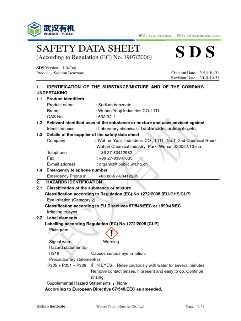 MSDS Sodium Benzoate Wuhan Youji | PDF | Firefighting | Safety