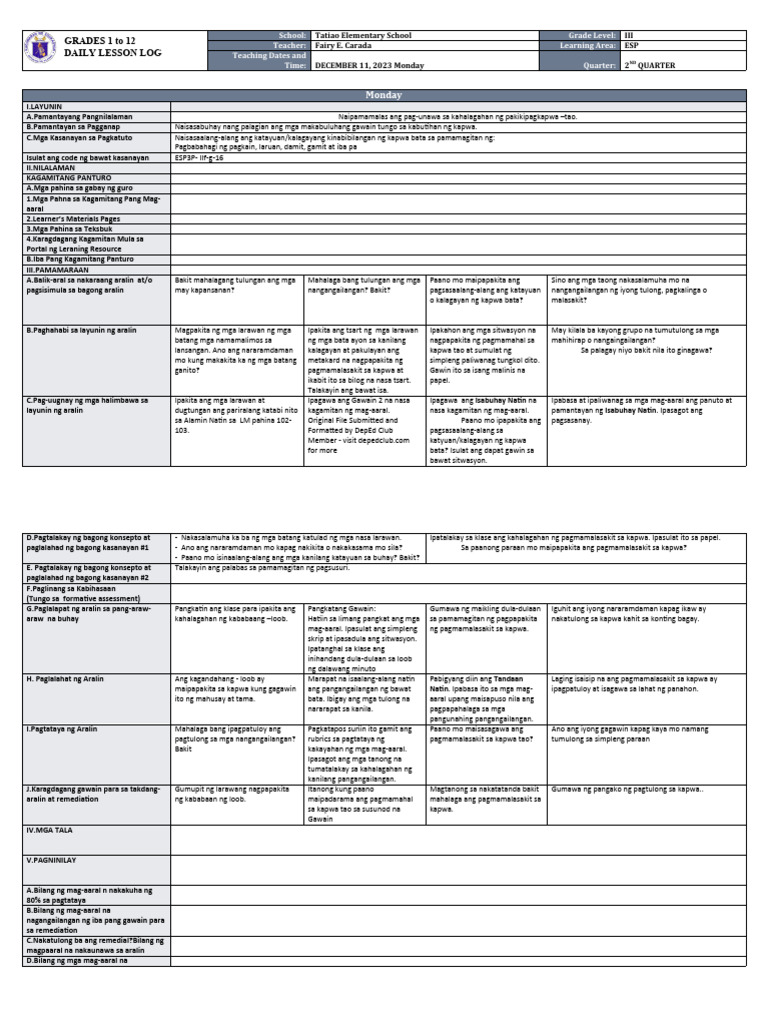DLL - Esp 3 - Q2 - W6 | PDF