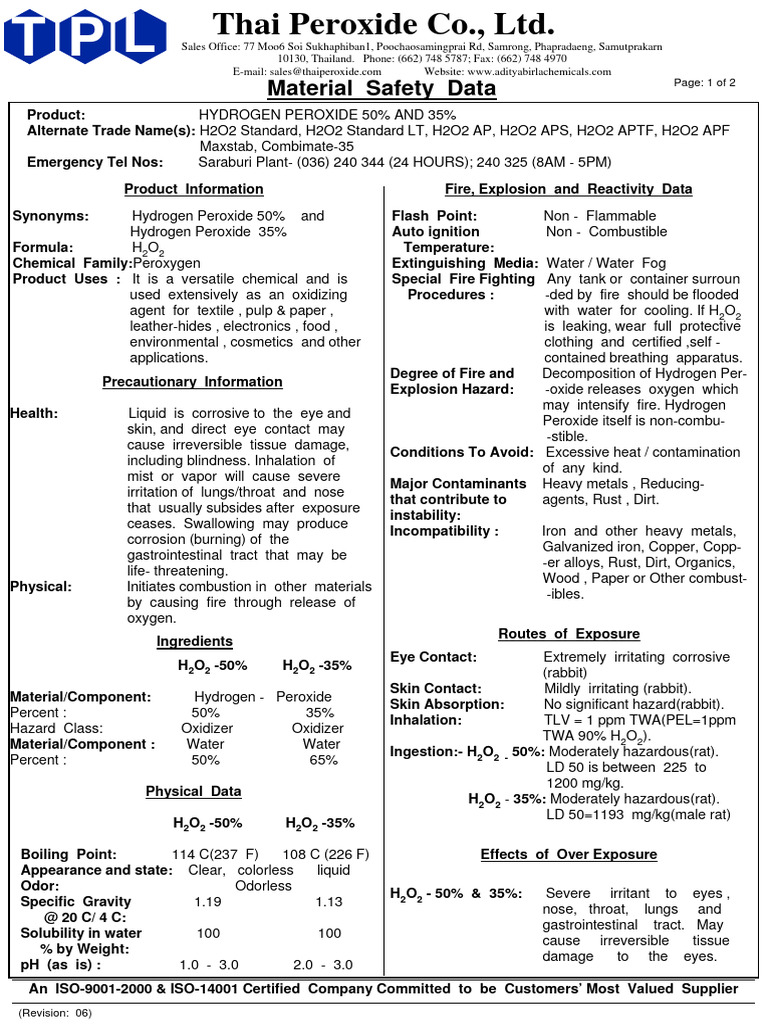 MSDS H2O2 Thai Food Grade | PDF | Hydrogen Peroxide | Fires