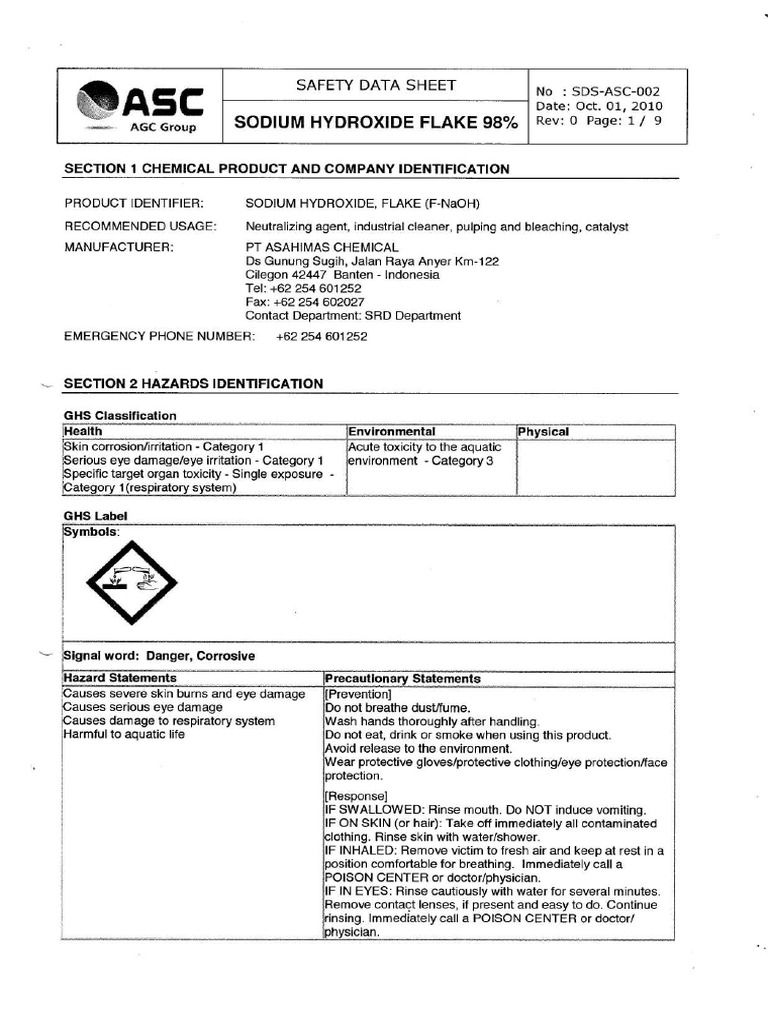 MSDS Caustic Soda Flake Asahi1 | PDF