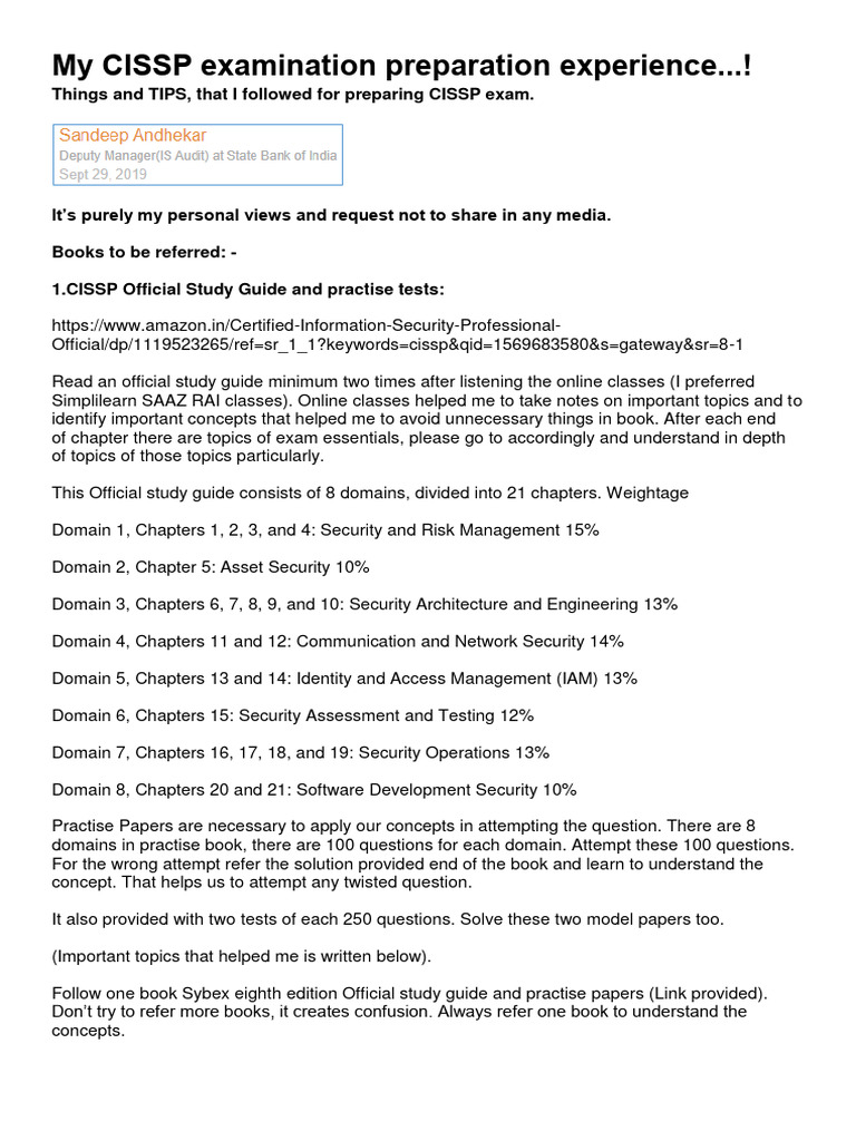 CISSP EXAMINATION PREPARATION EXPERIENCE (Sandeep Andhekar) | PDF ...