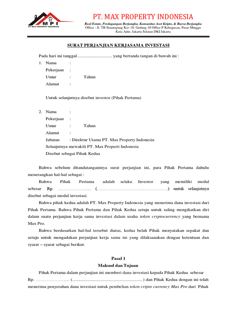 Surat Perjanjian Kerjasama Investasi Pt. Max Property Indonesia | PDF