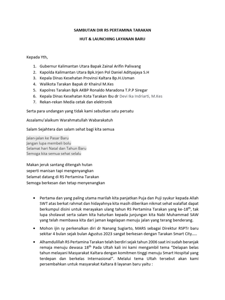 DRAFT SAMBUTAN DIR RSPTR - HUT RS Pertamina Tarakan | PDF