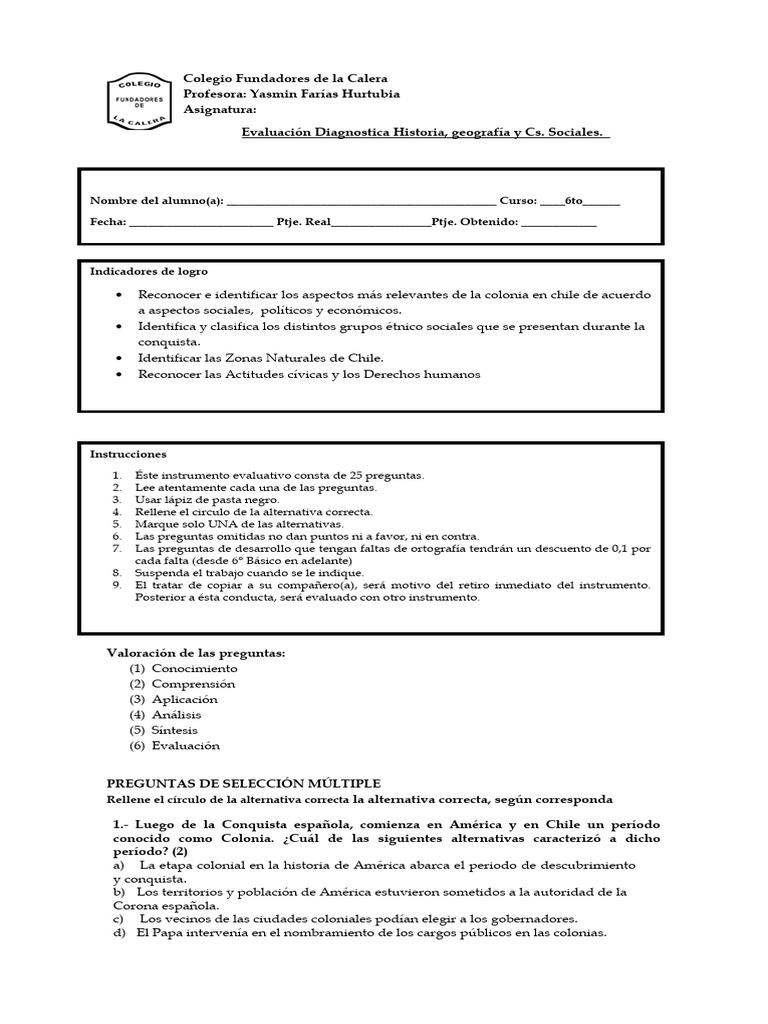 Prueba Diagnostico 6to 2022 | PDF | Chile | Nueva españa
