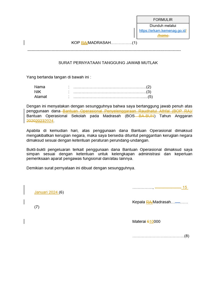 Formulir SPTJM BOS 2024 | PDF