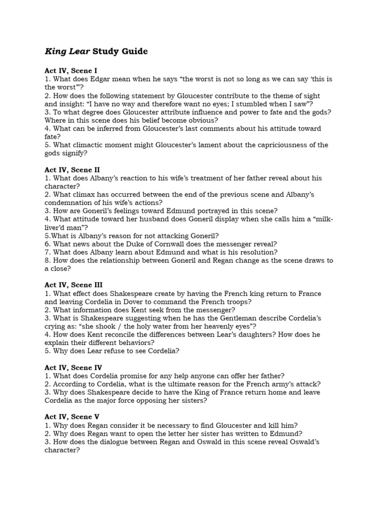 King Lear Study Guide Act IV | PDF | King Lear