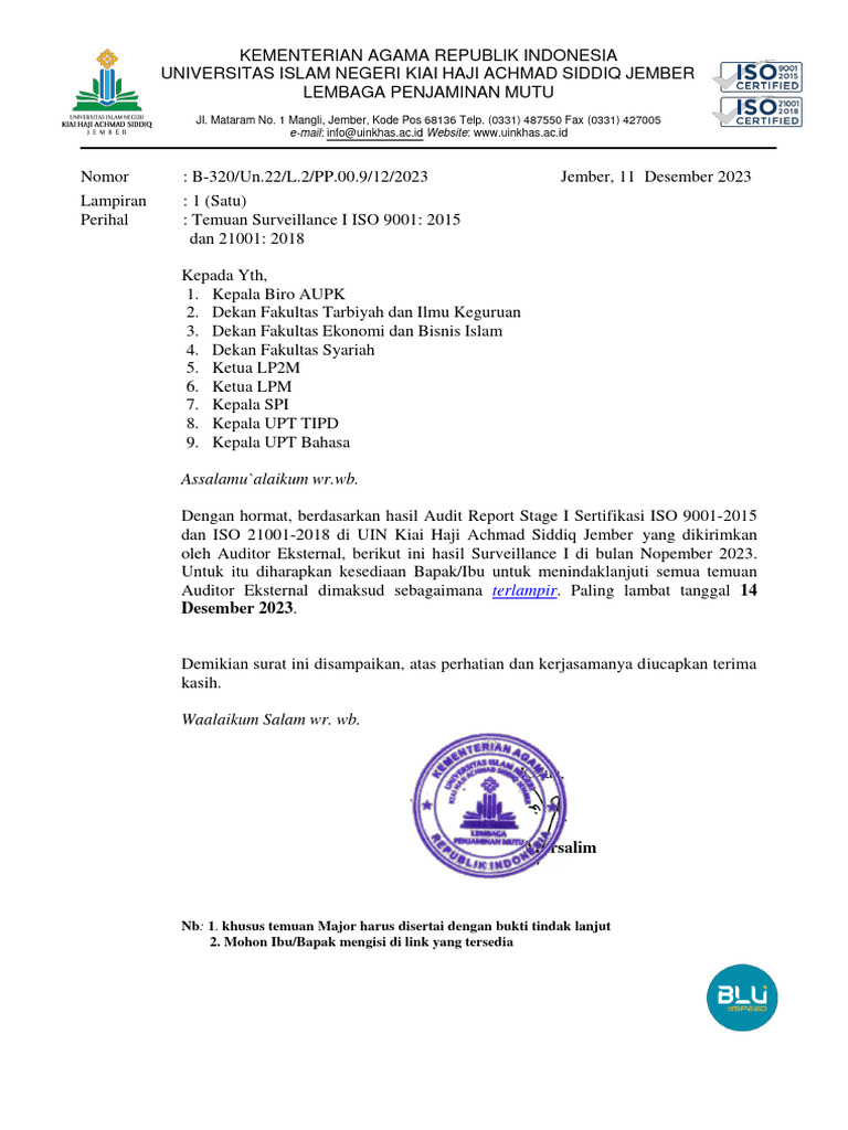 Temuan Audit ISO UIN KHAS Jember | PDF