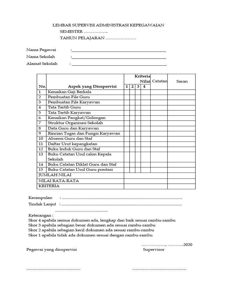 Lembar Supervisi Administrasi Kepegawaian | PDF