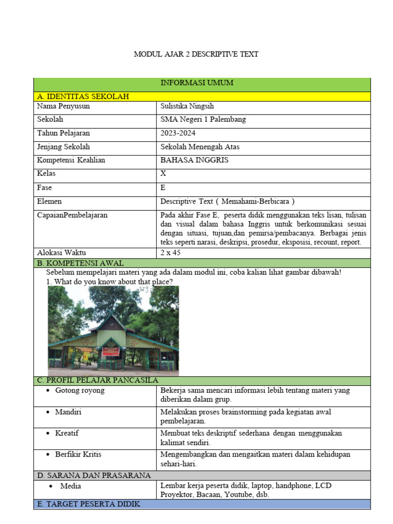Modul Ajar 2 Descriptive Text Lily Rev | PDF
