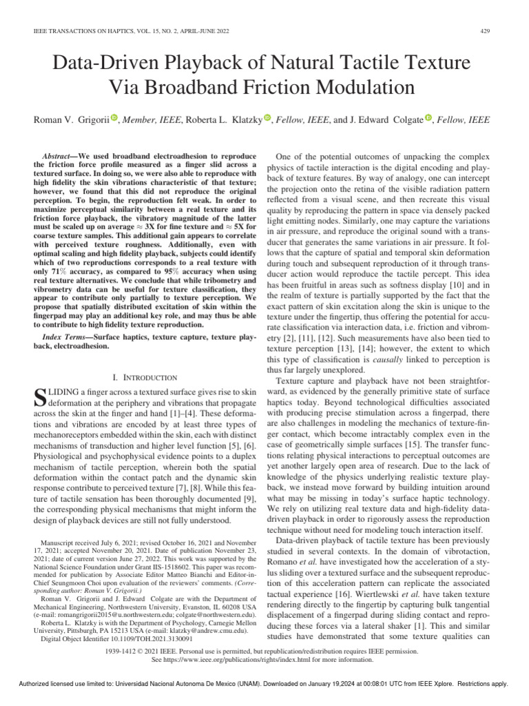 Data-Driven Playback of Natural Tactile Texture Via Broadband Friction Modulation | PDF ...