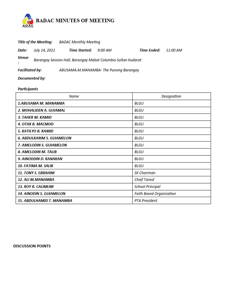 BADAC Monthly Meeting Minutes | PDF