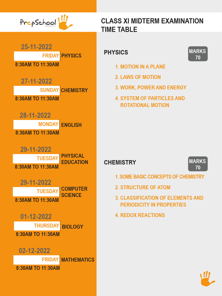 Class XI Midterm Exam Timetable | PDF | Chemistry | Physics
