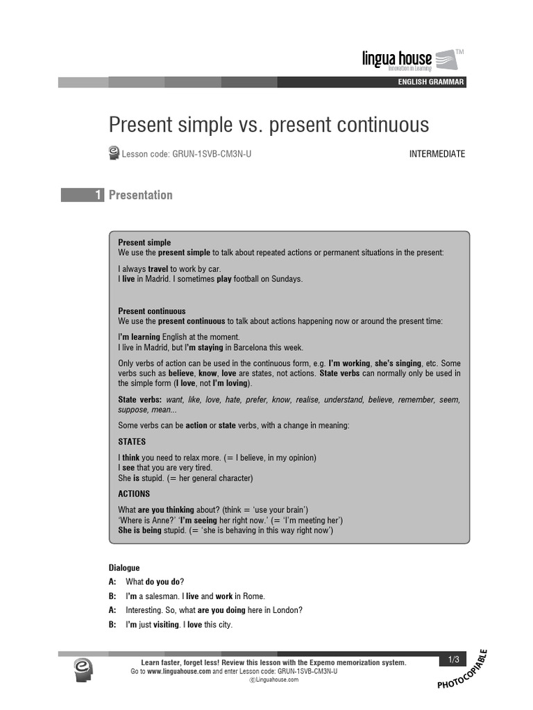 Present Simple vs. Continuous Grammar Guide | PDF | English Grammar ...