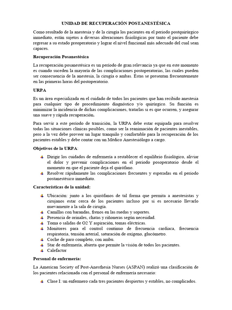 URPA: Recuperación Postanestésica | PDF | Ciencia y matemáticas
