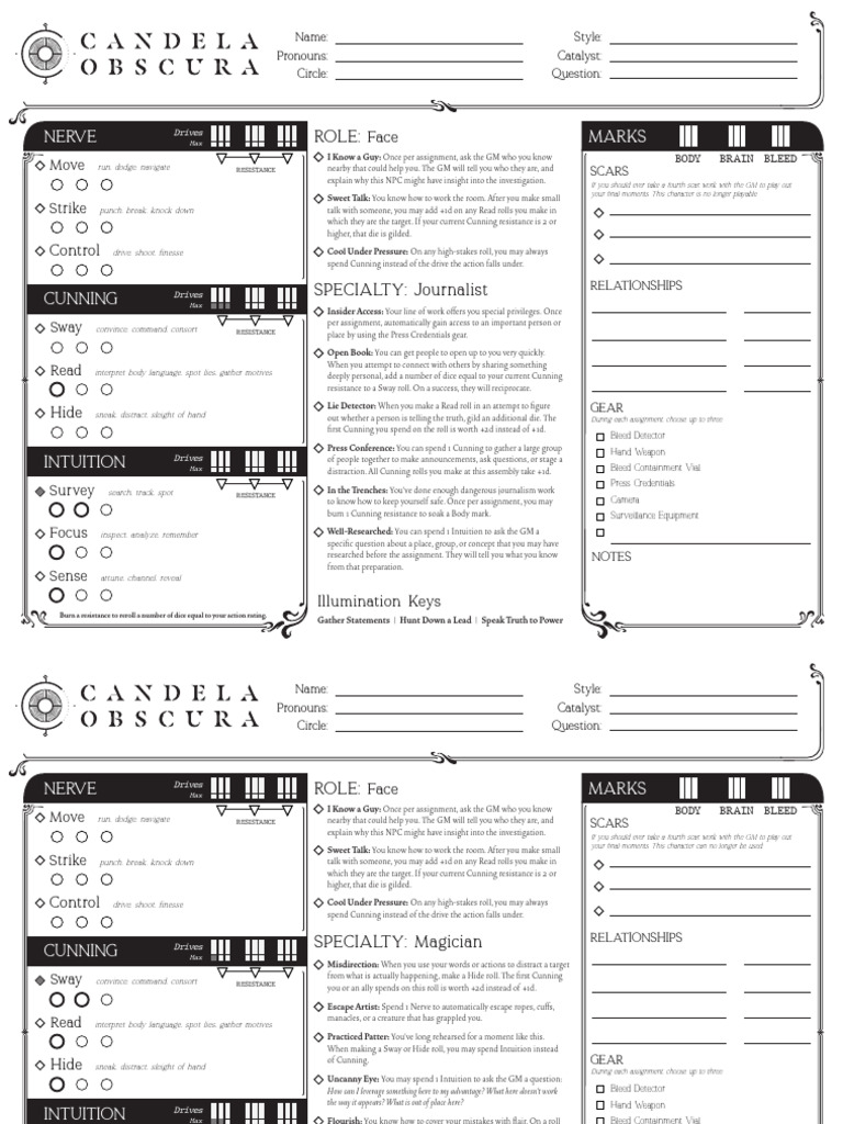Candela Obscura Character and Circle Sheets 11 20 23 | PDF | Intuition