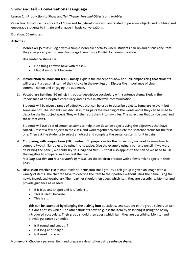 Show and Tell Lesson 1 | PDF