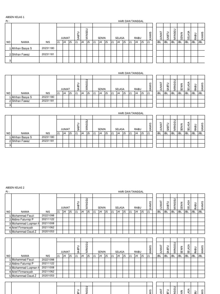 Absen Kelas 1-5 Lengkap dan Terperinci | PDF