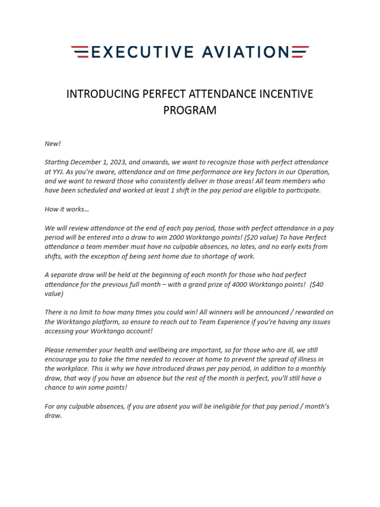 Introducing Perfect Attendance Incentive Program | PDF